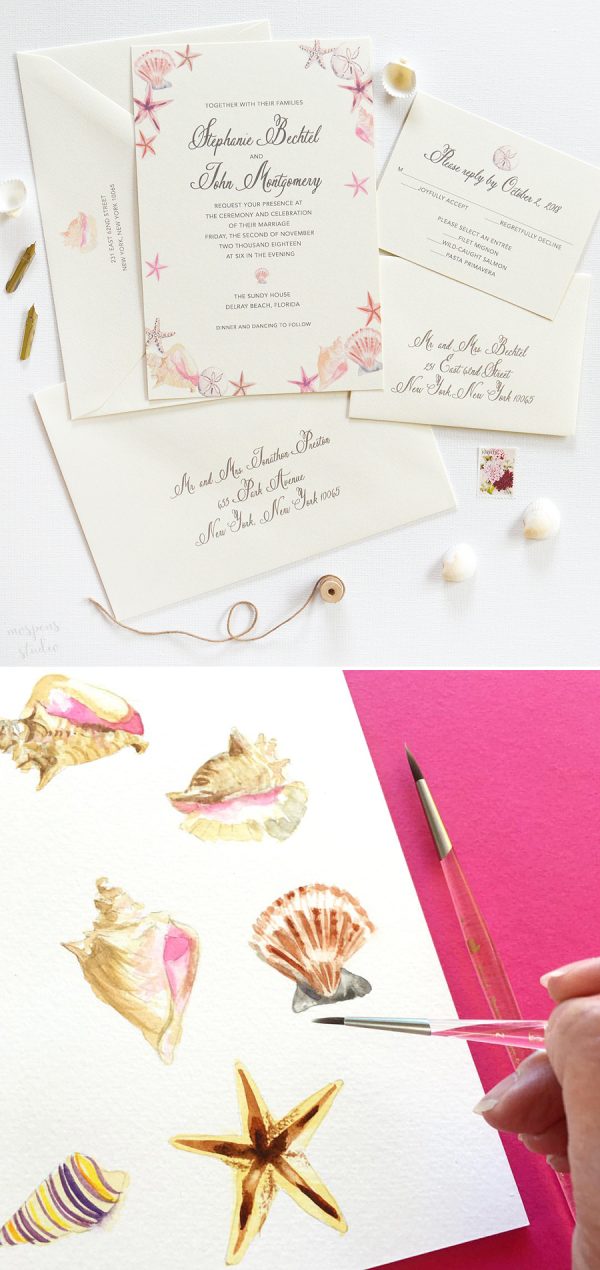 Watercolor Seashells Wedding Invitations