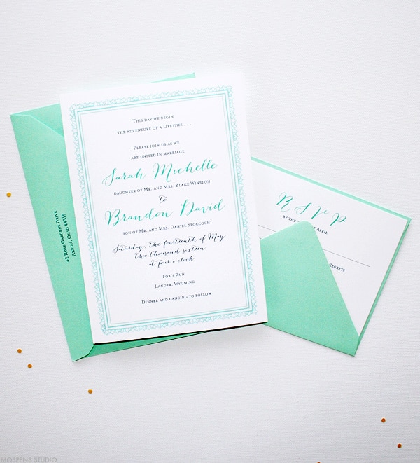 Simple elegant mint green floral custom wedding invitations by artist ...